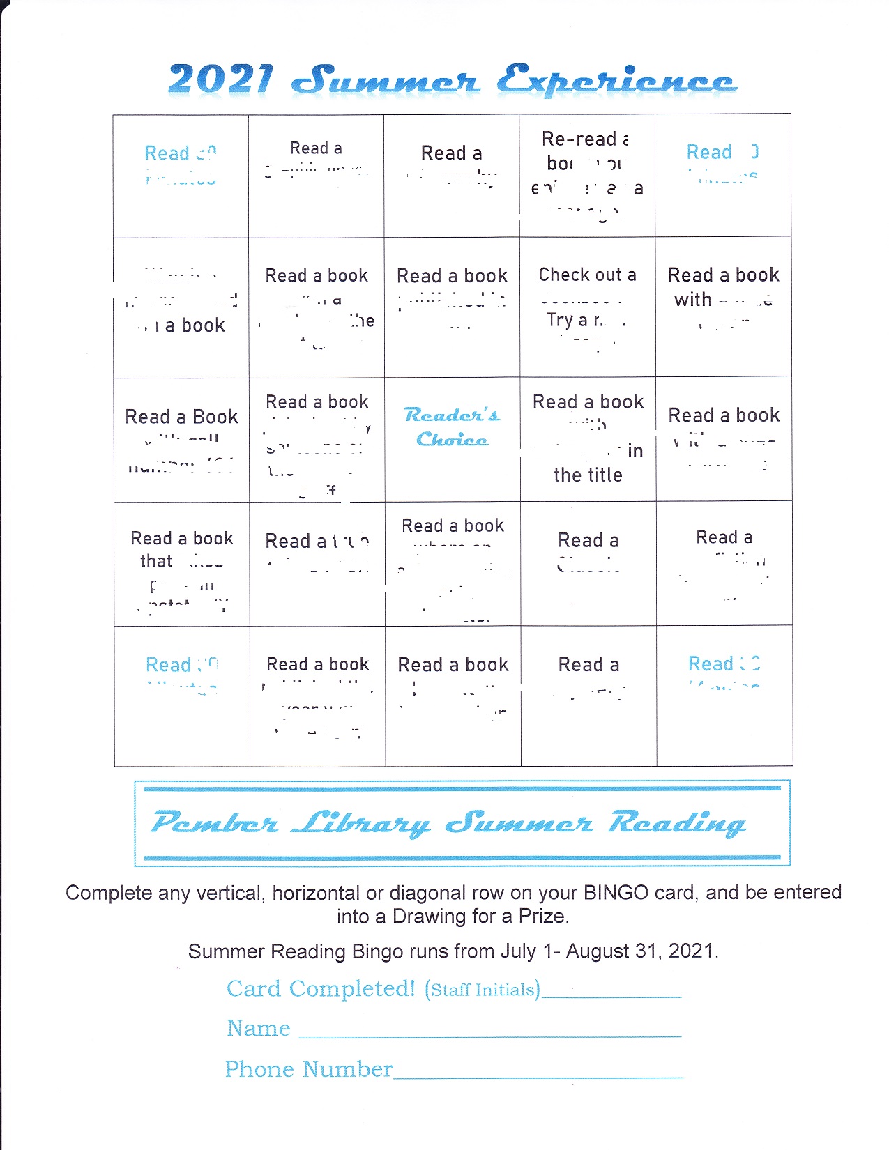 Summer Reading bingo for teens and adults – Pember Library